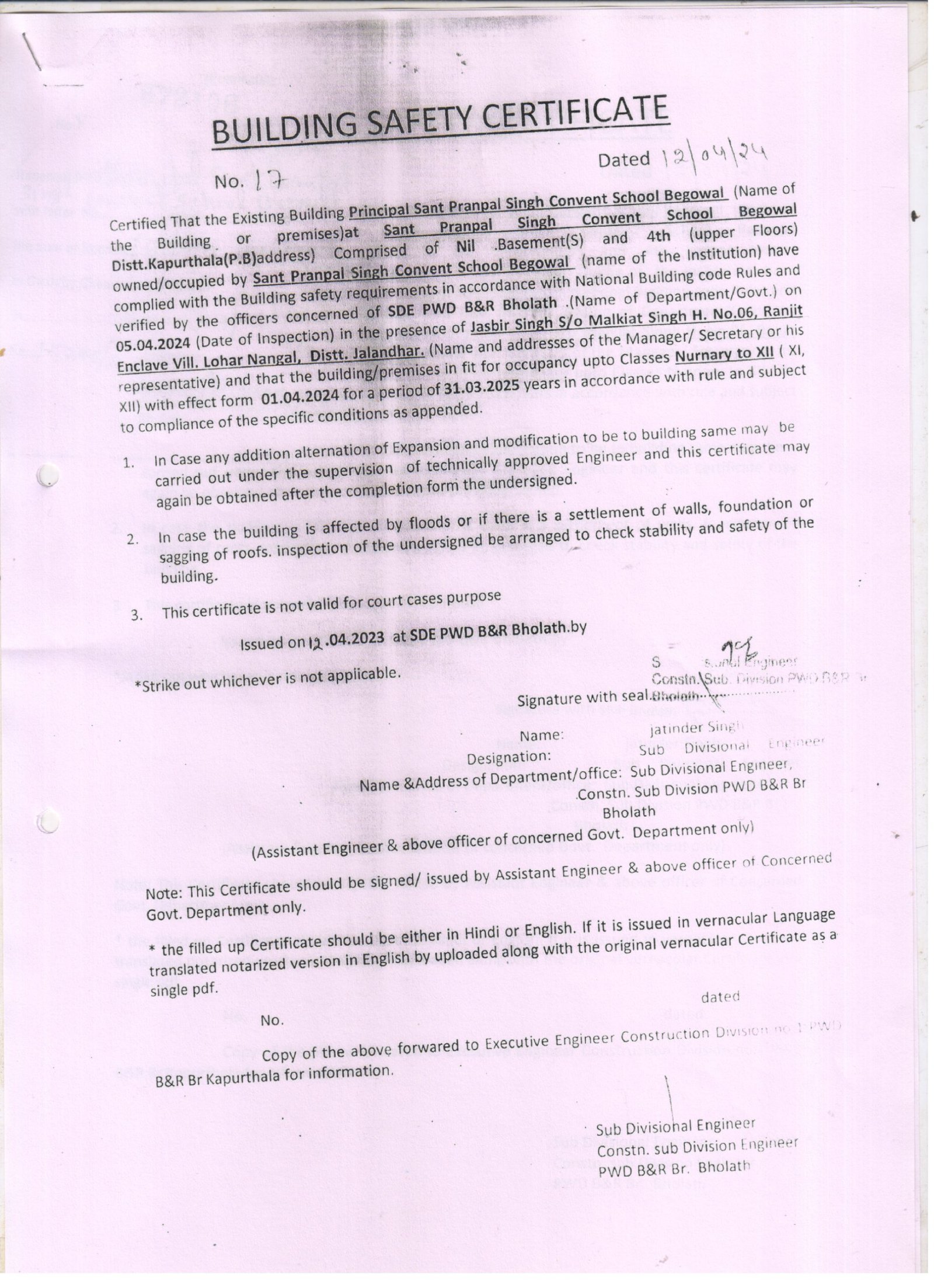 Building Certificate – SANT PRANPAL SINGH CONVENT SCHOOL